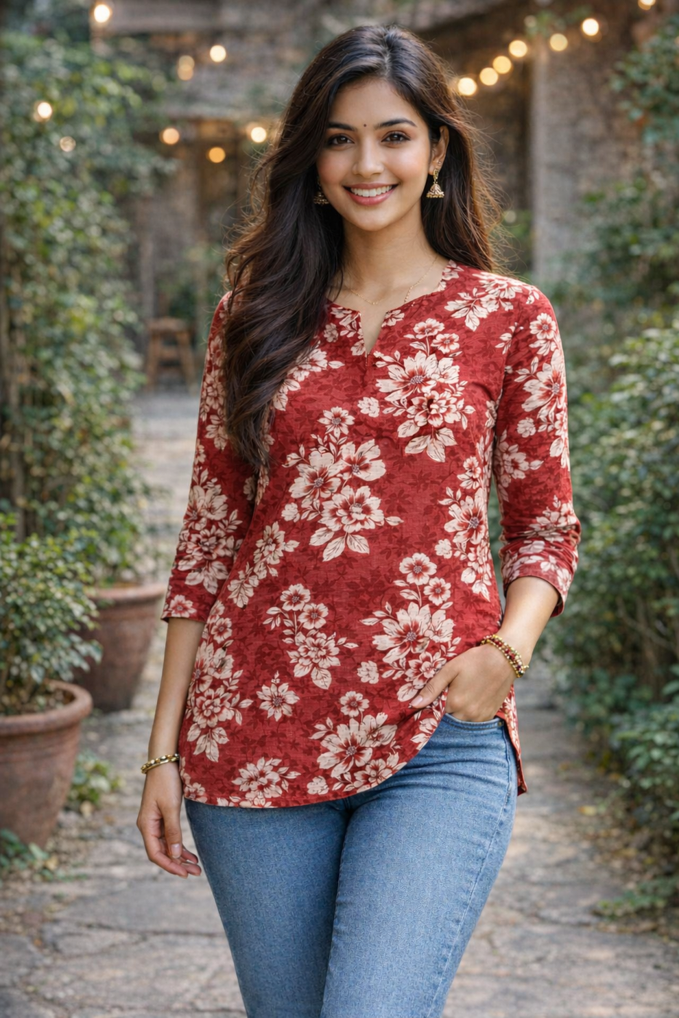 Short Kurti Maroon Rust white floral – Shambhavi Creations
